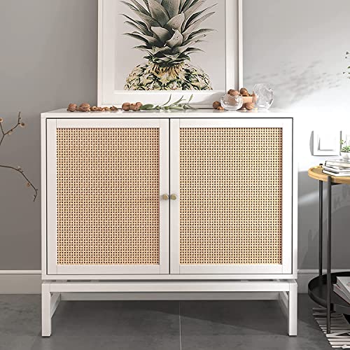 Lamerge Sideboard Buffet Cabinet, Rattan Kitchen Storage Cabinet with 2 Doors,Cupboard Console Table with Adjustable Shelves,Accent Cabinet for Dining Room, Bedroom, Hallway,White