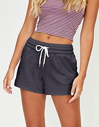 Elastic Waist Comfy Workout Cycling Athletic Running Shorts for Women Solid Cute Drawstring Volleyball Sweat Shorts Summer Casual PJ Bermuda Shorts Pocket Dark Grey L