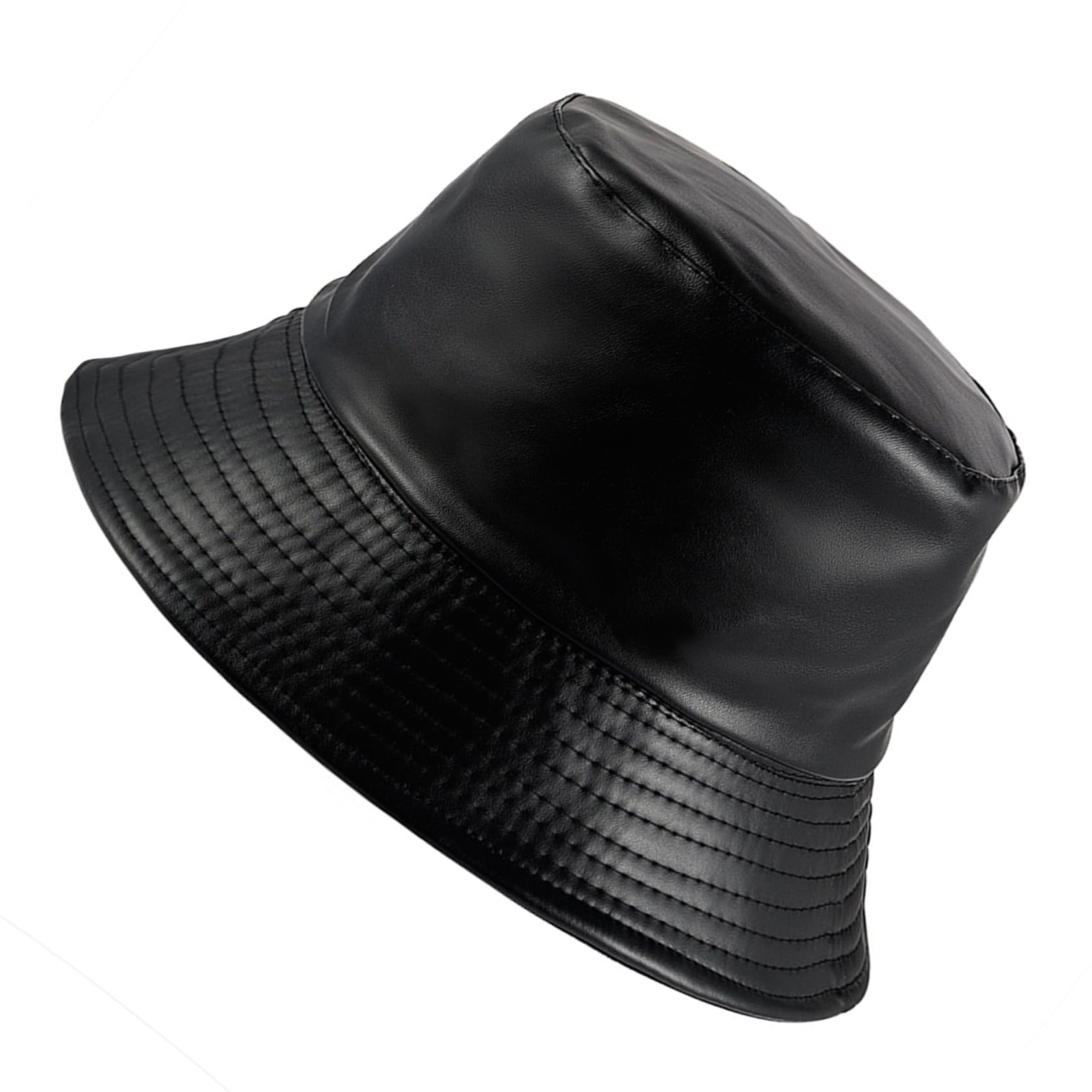 JAZTAKU Black PU Leather Bucket Hat Unisex Fisherman Cap Rain Hat Bonnie Hats Pu Camping Caps