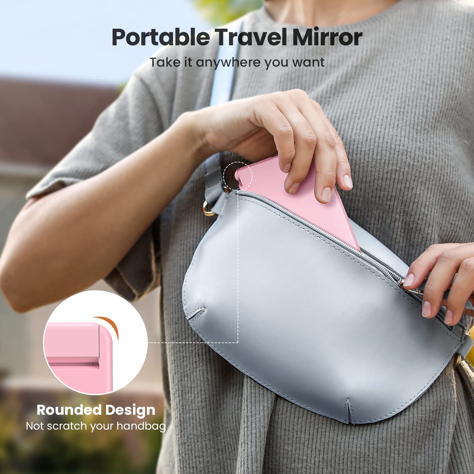 Gospire Standing LED Travel Makeup Mirror with Lights and Magnification 1X/3X, Rechargeable Compact Mirror with Adjustable Brightness, Foldable Small Vanity Mirror Handheld for Purses – Pink