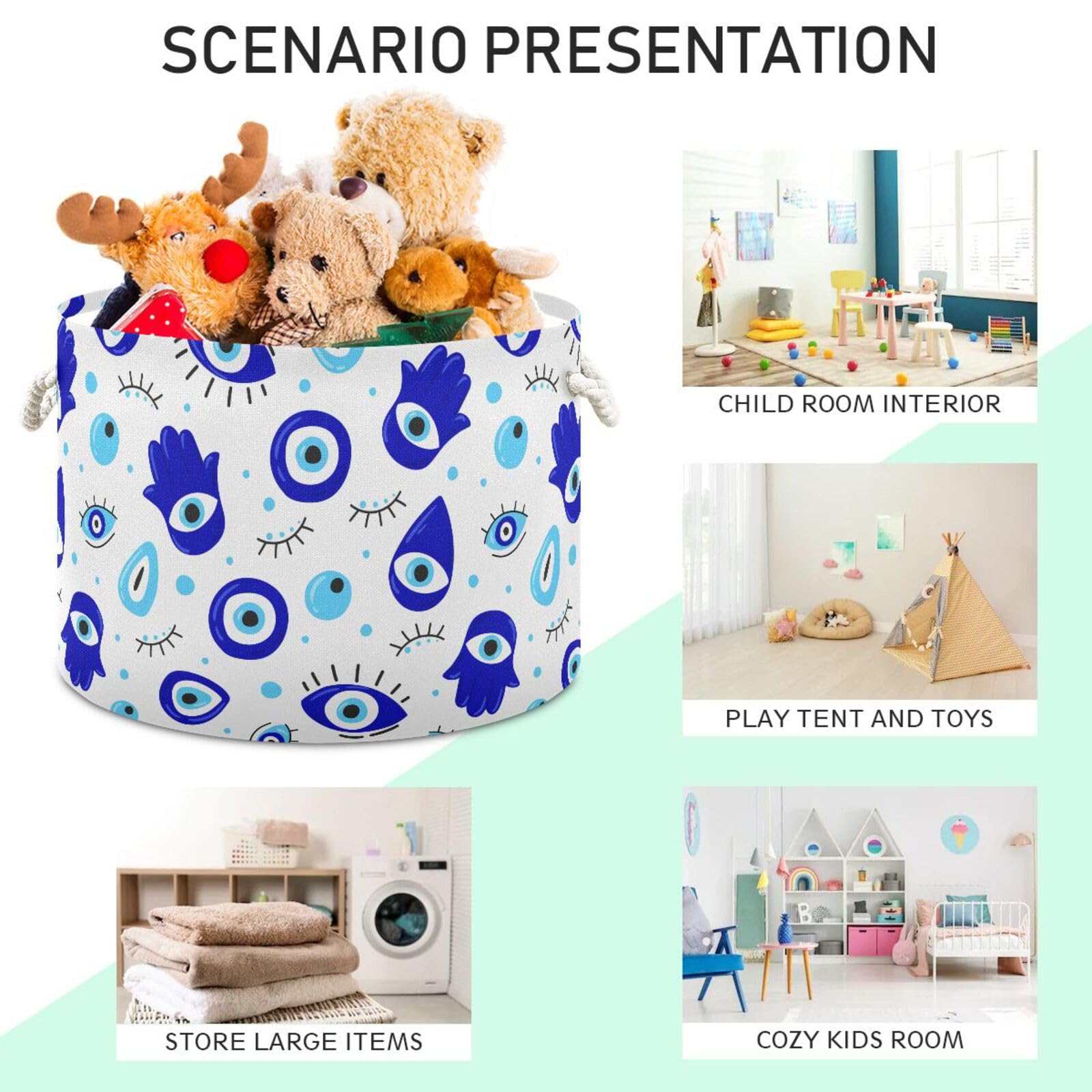 Krafig Cartoon Evil Eyes Round Collapsible Storage Basket, Large Toy Storage, Laundry Baskets, Open Home Storage Bins for Toy Organizer, Home Decor, Toys, Clothes