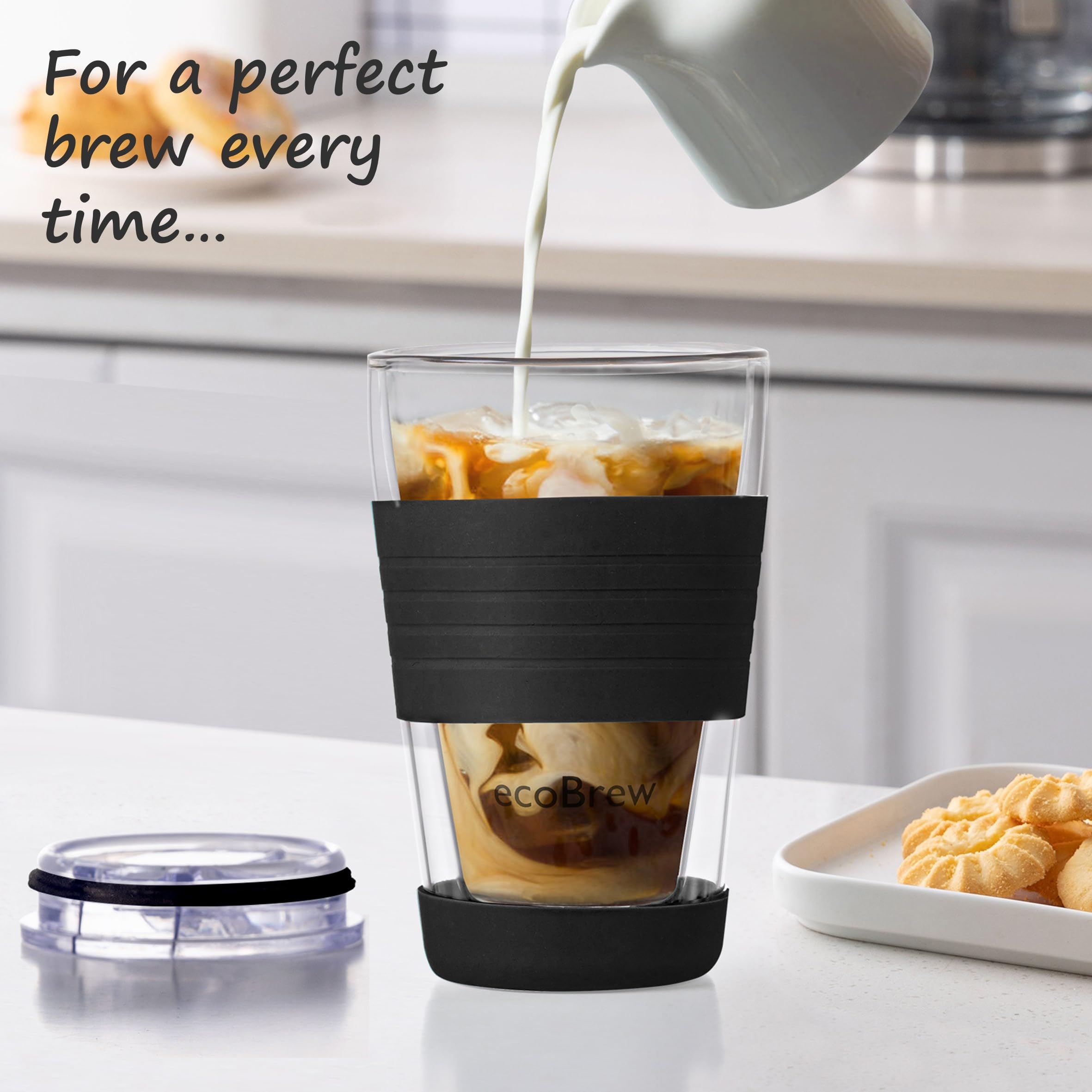 ecoBrew 12oz Double Wall Glass Tumbler with Lid, Dishwasher Safe & Microwavable Coffee Glass Travel Mug, Clear Reusable Coffee Cup To Go for Hot & Cold Drinks