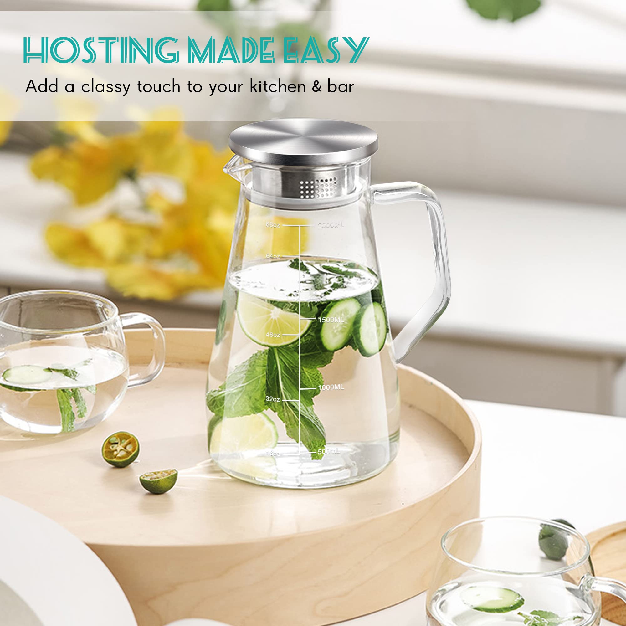 HIHUOS Glass Pitcher with Lid : 68oz Water Pitcher with Precise Scale Line, Easy Clean Heat Resistant Iced Tea Pitcher, Borosilicate Glass Carafe for Juice, Milk, Beverages, Mimosa Bar