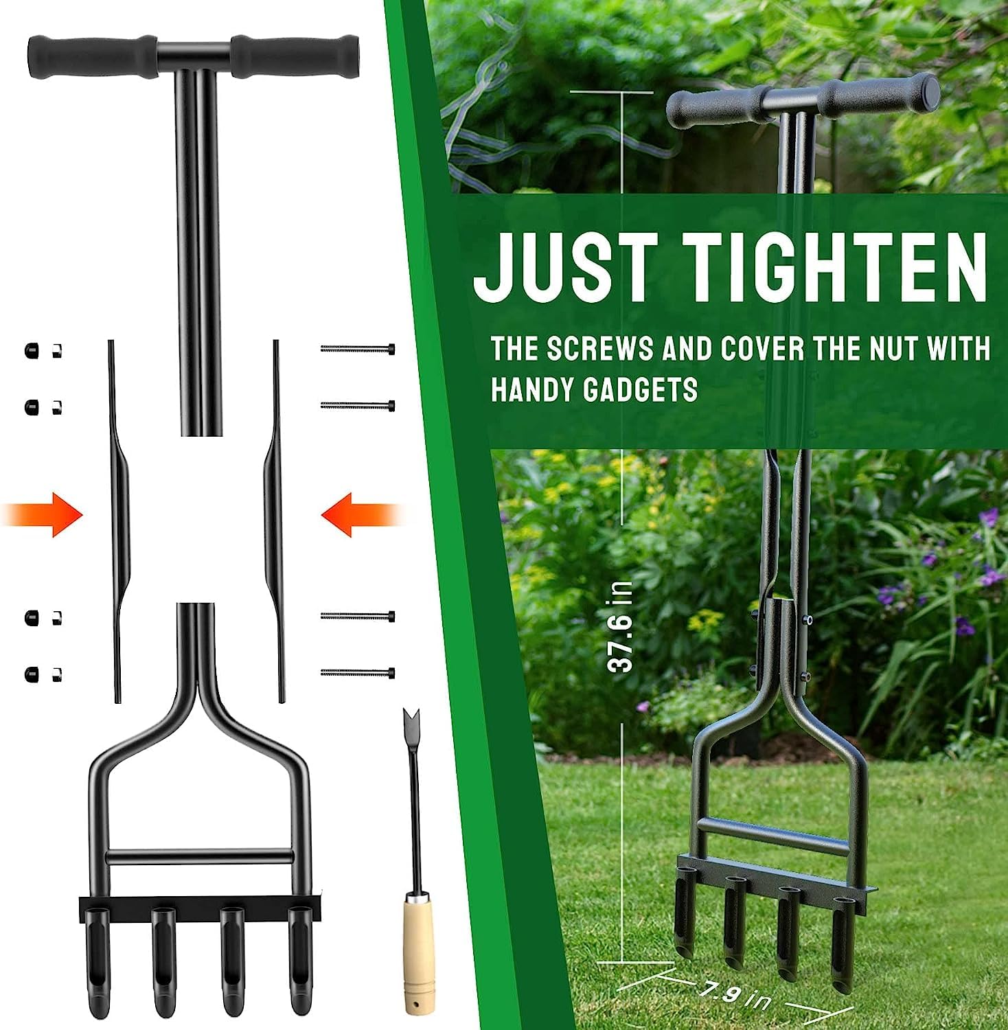 EEIEER Lawn Aerator Coring Tool, Manual Plug Core Aerators with Clean Tool, Upgarded Yard Aeration Tools with 4 Hollow Slots for Compacted Soils & Lawns Garden Care-37.6''