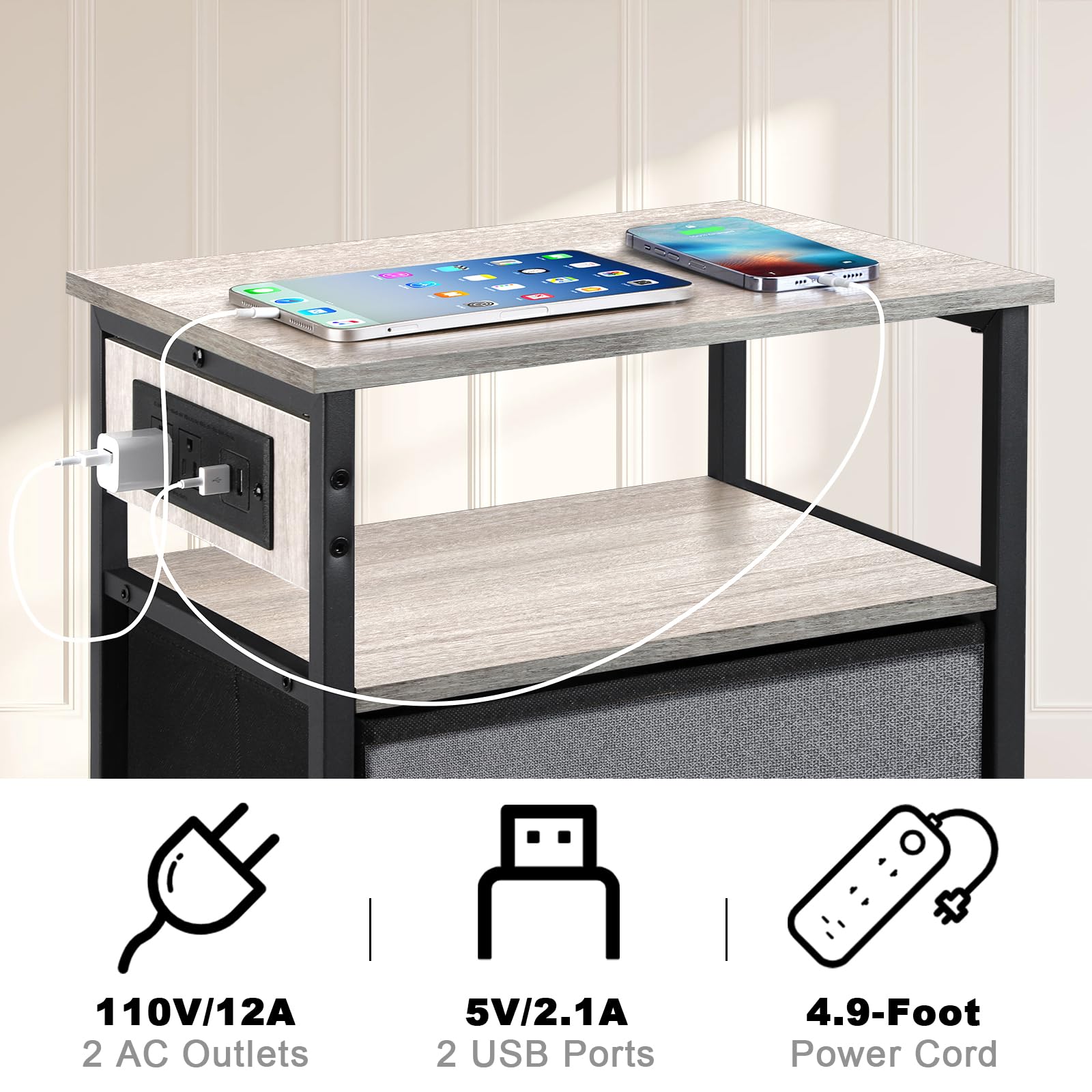NANANARDOSO End Table with 3 Drawers and 2-Tier Shelf, Fabric Small Dresser Organizer Vertical Storage with Charging Station, Industrial Nightstand Side Table for Bedroom, Sofa, Grey