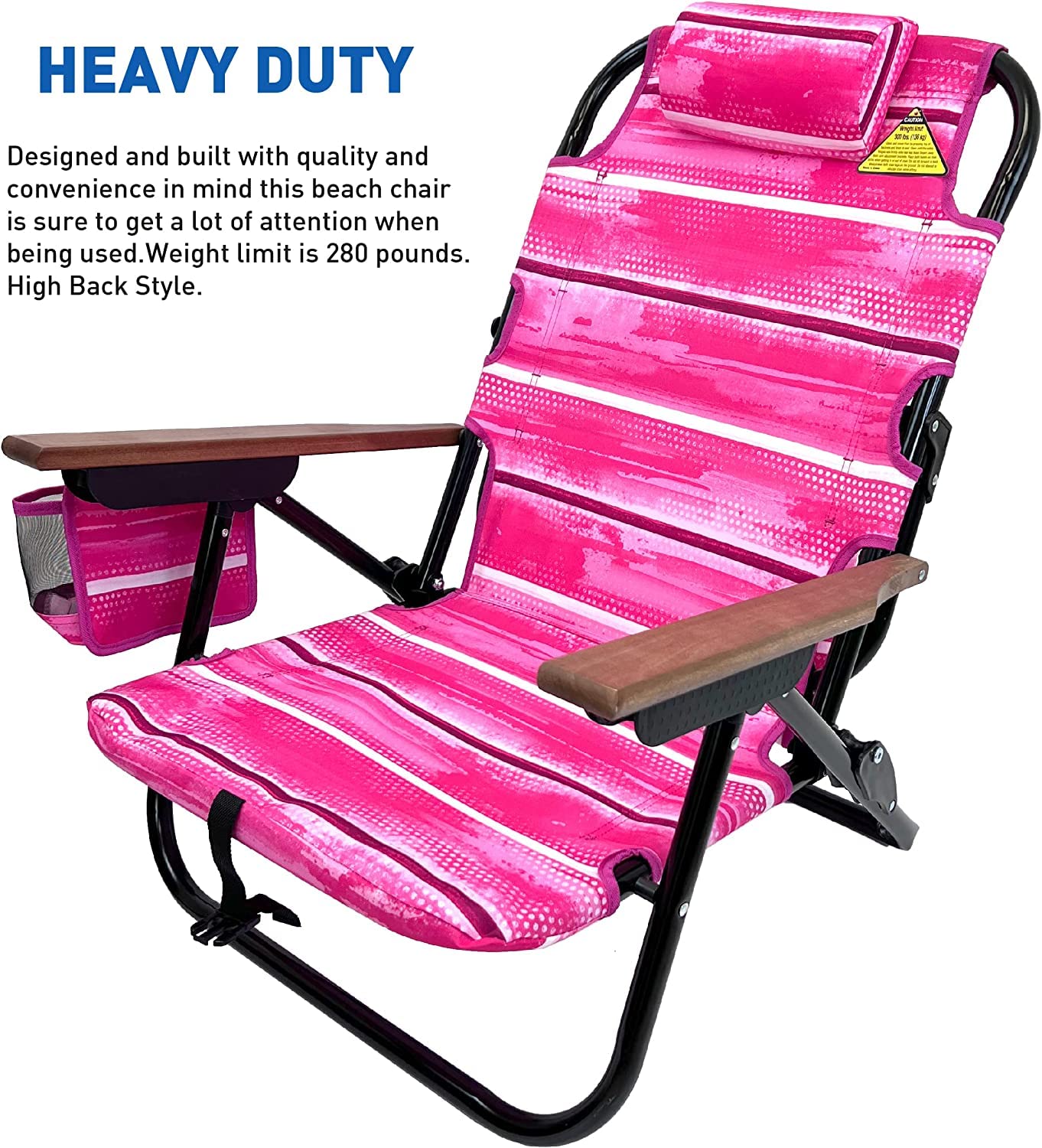 EasyGo Product Backpack Beach Chair 5 Positions and Cup Holder Pouch on Side Padded Pillow Storage Bag on Back Lightweight Rustproof Aluminum Black Frame, 2 Pack Pink & Blue