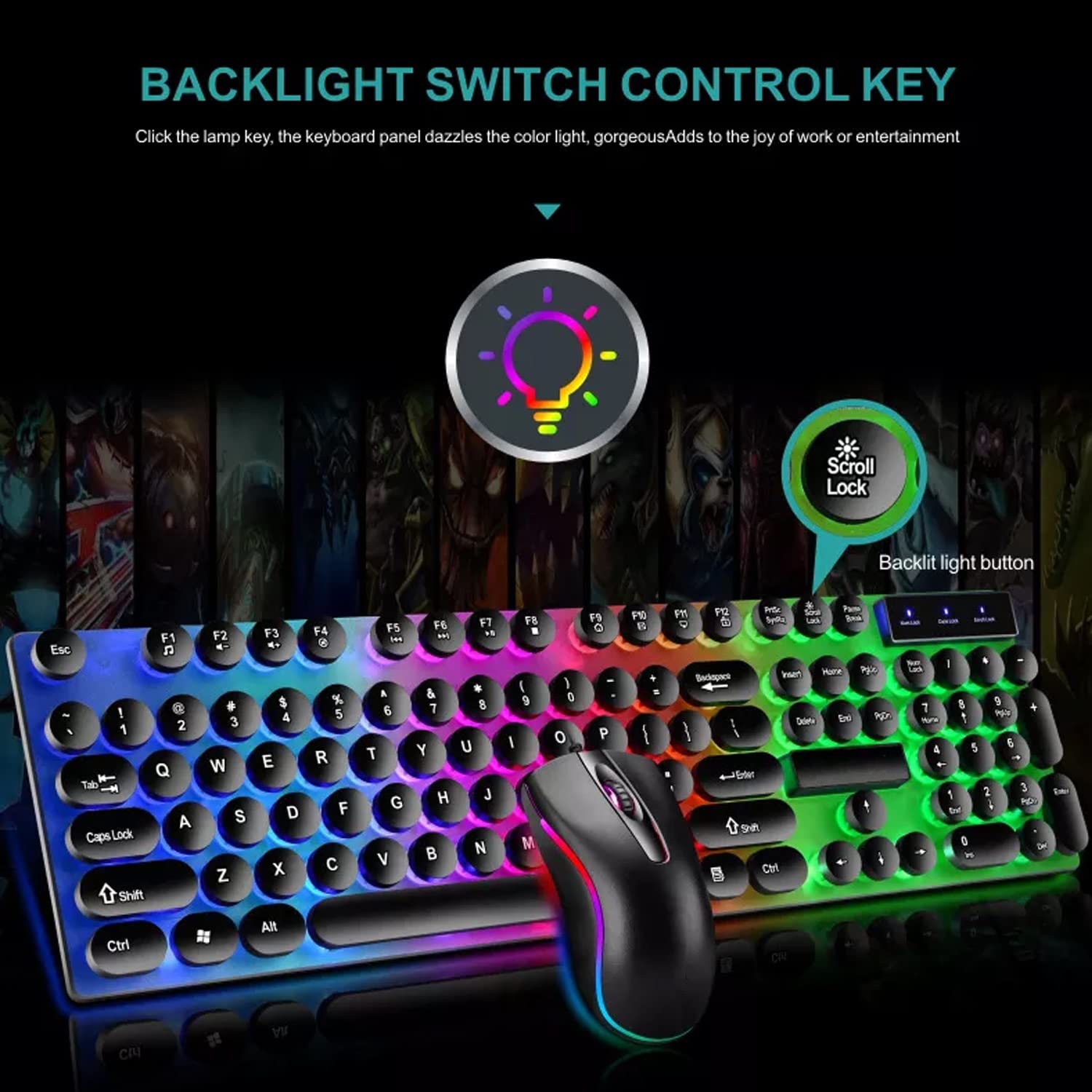 EXHNLE Gaming Keyboard and Mouse Combo with Headset, Backlit 7 Colors Keyboard, Wired Gaming Mouse, 104 Keys Keyboard Mouse (Color : Black)