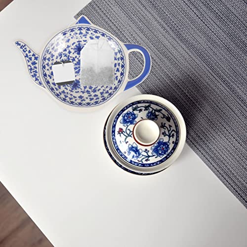 Soy Sauce Dish 4 Pcs Teapot Shaped Tea Bag Holder Ceramic Tea Bag Saucer Teabag Coaster Snack Dish Seasoning Dish for Home Kitchen Sauce Dessert Rest Spoon Blue Tea Plates