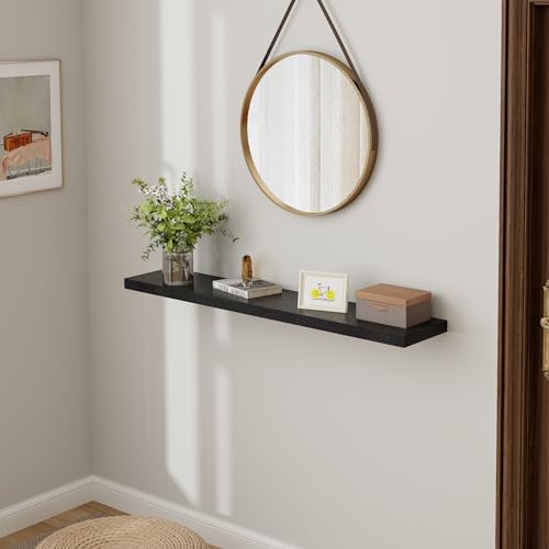 Fun Memories Floating Shelves 48 Inch Long, 9.3 Inch Deep Wall Shelf Fireplace Mantel, Rustic Farmhouse Wooden Shelves for Wall Decor Bathroom, Kitchen, Office, Black, Set of 1