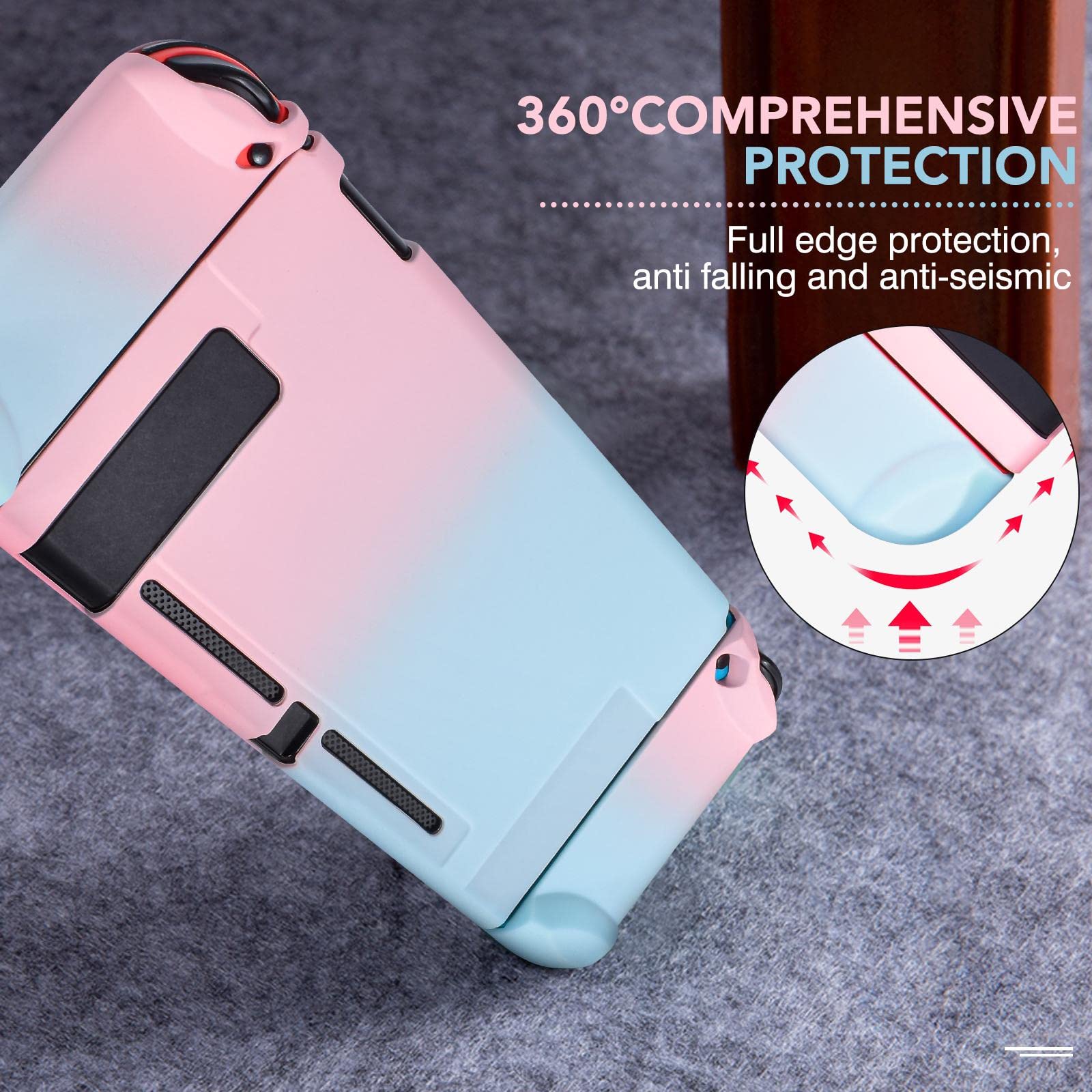 DLseego Protective Case for Switch and Joy Con Controllers Dockable Slim Cover With 2PC Glass Screen Protector and 6 Cute Cats Claw Thumb Grip Caps – Pink and Purple