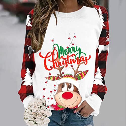 GuangYuan Women Long Sleeve Tshirt Christmas Print Pullover Large Size Slouchy Sweatshirt Warm Breathable Tunic Tops Fall Sweatshirt White