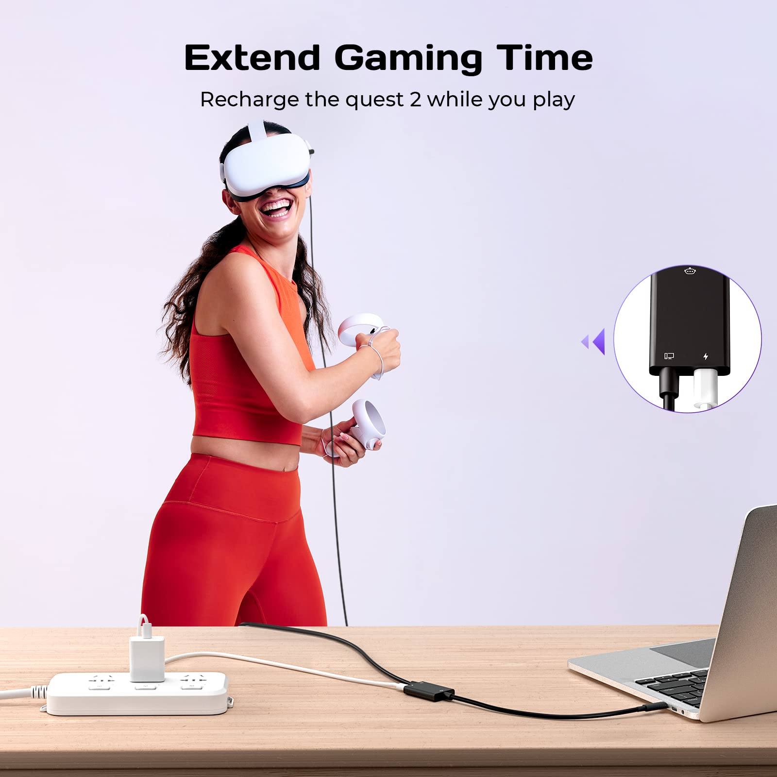 Gamulus 16FT Link Cable for Oculus Quest 2 with Extra Charging Port, Fast Charging and High Speed 10Gbps Data Transfer, USB-C to USB-C Cable for VR Headset and Gaming PC
