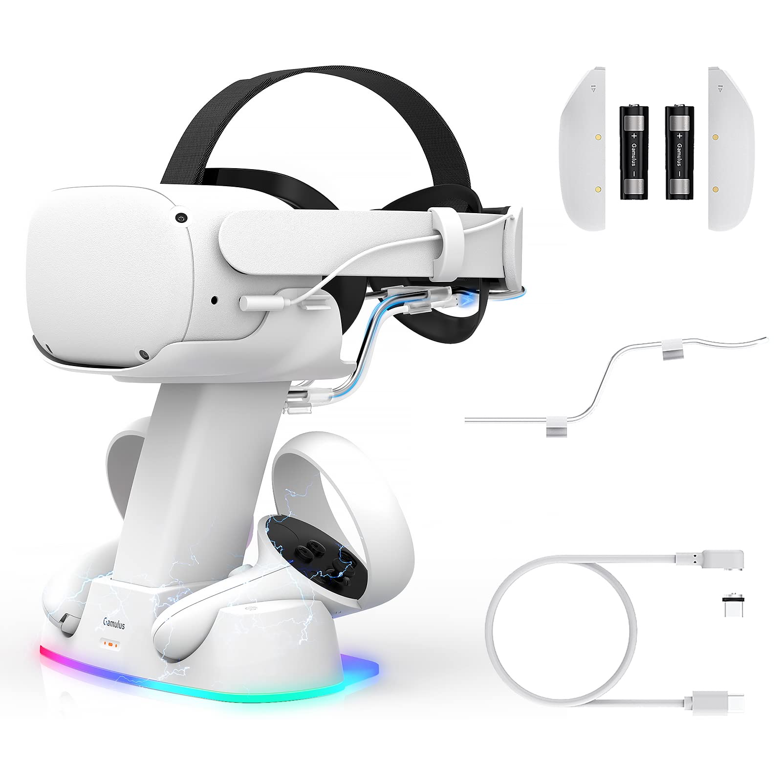 Gamulus RGB Charging Dock for Meta Quest 2, VR Headset & Controllers Magnetic Fast Charger Docking Station Stand, 2200mAh Rechargeable Batteries, 7 Lighting Modes and Fantastic Gaming Atmosphere