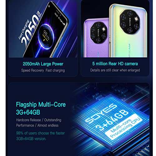 Soyes S10I Unlocked Mini 4G Android Smart Phone 3.5" Dual Sim Ultra Thin Card Student Palm Cellphone Google Play Whatsapp Face Fingerprint 2050mAh Global Version (Star Purple, 3GB+64GB)