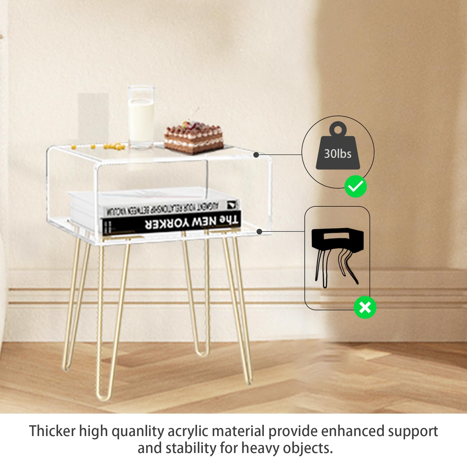 KSacry Small Acrylic Nightstand with Metal Legs-23.4‘ H Bedside Table for Small Spaces for Bedroom, Easy Assembly, Modern, Clear & Gold(17.5'' L x 14.9'' W x 23.4'' H)