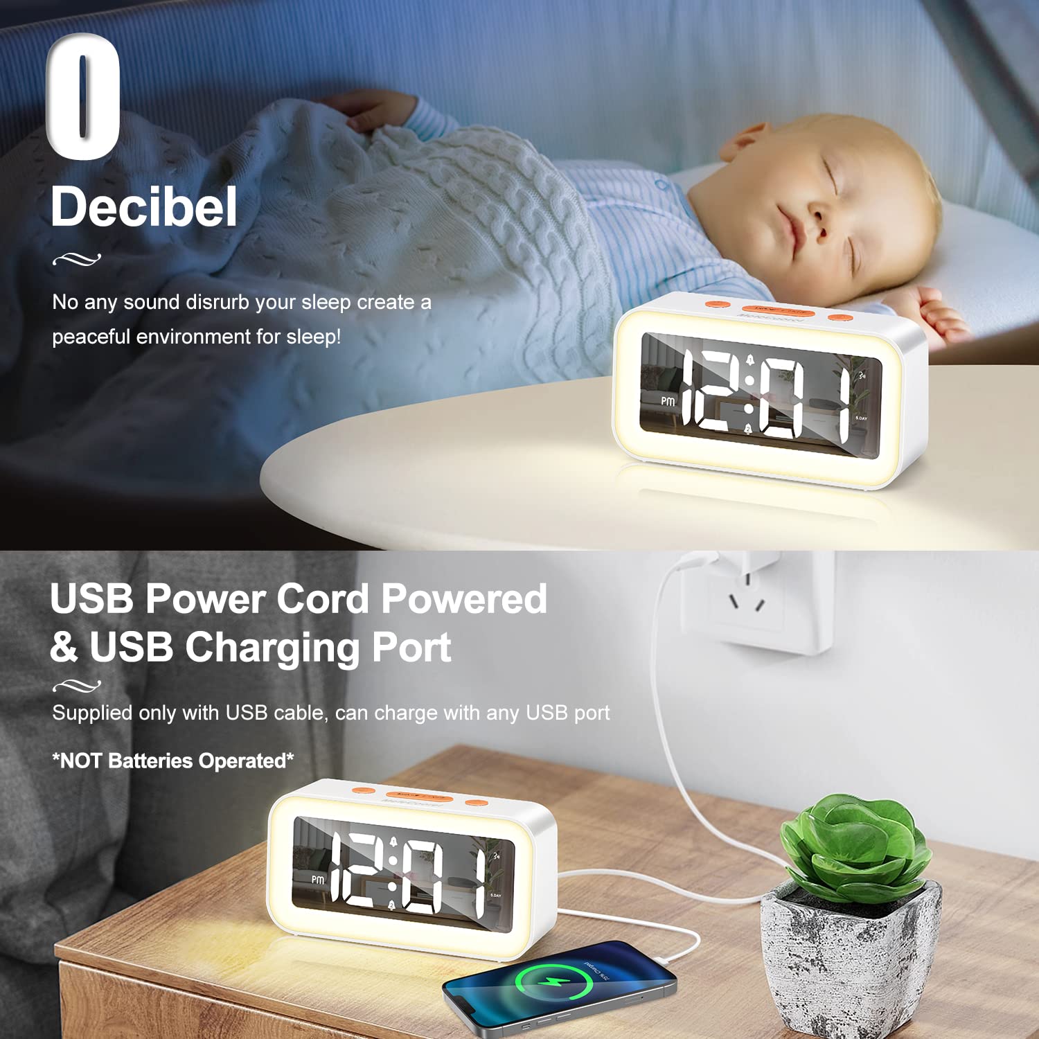 Digital Alarm Clock for Bedrooms, Digital Clock with Night Light 0-100% Adjustable Brightness Mirror LED Sound Activation Power-Off Memory 12/24Hr Snooze USB Port for Kids Bedside Home Office (White)