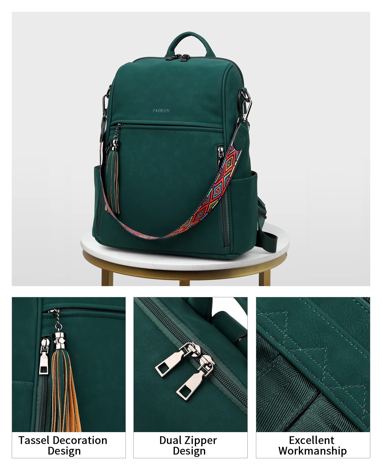 FADEON Leather Backpack Purse for Women Designer Ladies Shoulder Book Bag Fashion PU Convertible Travel Backpack Purses and Shoulder strap