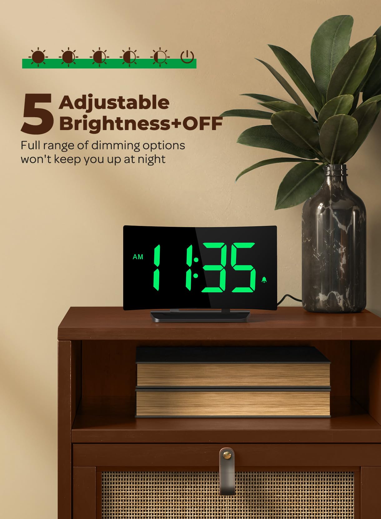 Digital Alarm Clocks for Bedrooms, Digital Clock with LED Curved Screen Display, 5 Adjustable Brightness+off, 3 Ringtones, 2 Levels Volume, 12/24H, Snooze, Outlet Powered Bedside Clock for Kids Adults