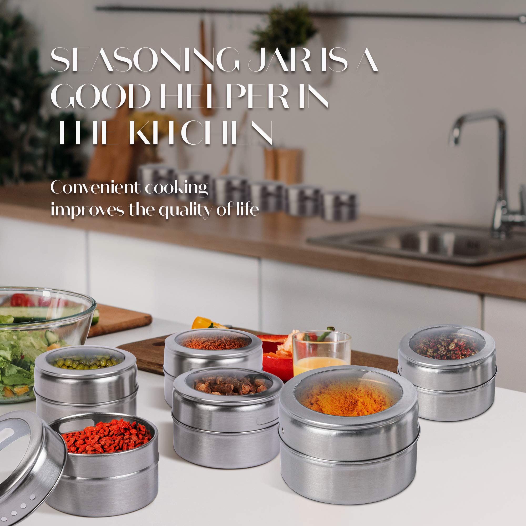 ILEBYGO Magnetic Spice Tins 6pcs Stainless Steel Spice Jars Storage Spice Containers,Clear Top Lid with Sift or Pour,48 Blank Spice Stickers Include,Magnetic on Refrigerator and Grill