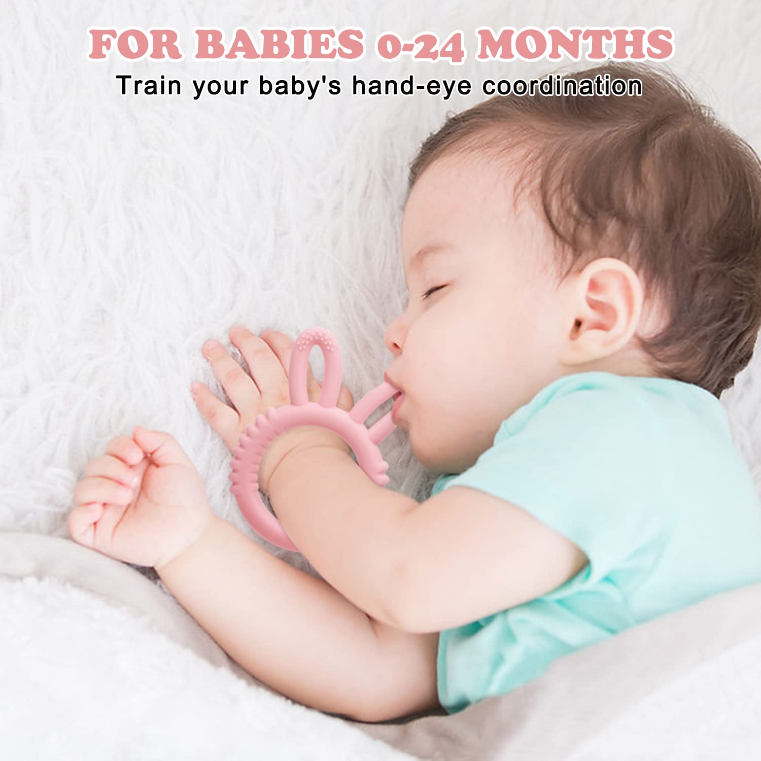 MISSLILI Silicone Babies Teethers Baby Teething Toys for Soothe Massage Sore Gums for 3-12 Months Infants, BPA Free, Ring Shape Rabbit Ear Design (Pink)