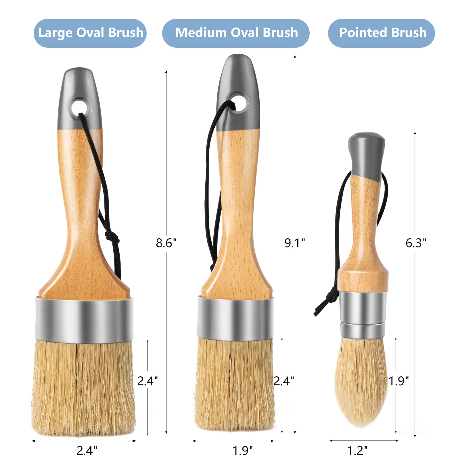 Mister Rui Chalk Paint Brush, Wax Paint Brush Set 3 Pack, Round Paint Brushes Use with All Paints, Natural Bristle Brushes for Painting or Waxing, Home Decor, DIY Art Crafts