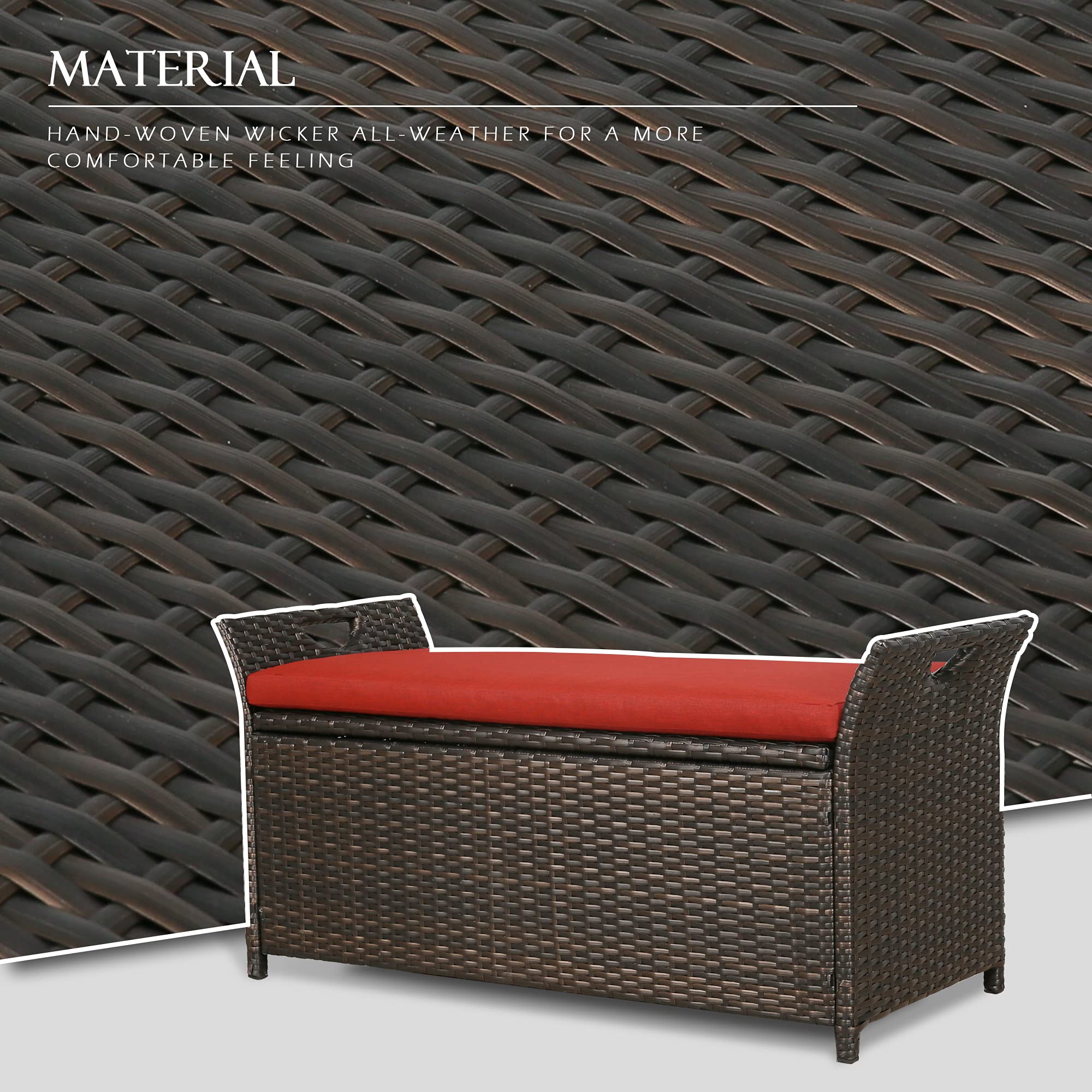 PATIO TREE 40 Gallon Outdoor Storage Bench Rattan Deck Box Patio Steel Frame Wicker Storage Container with Cushion, Red NPT-900004
