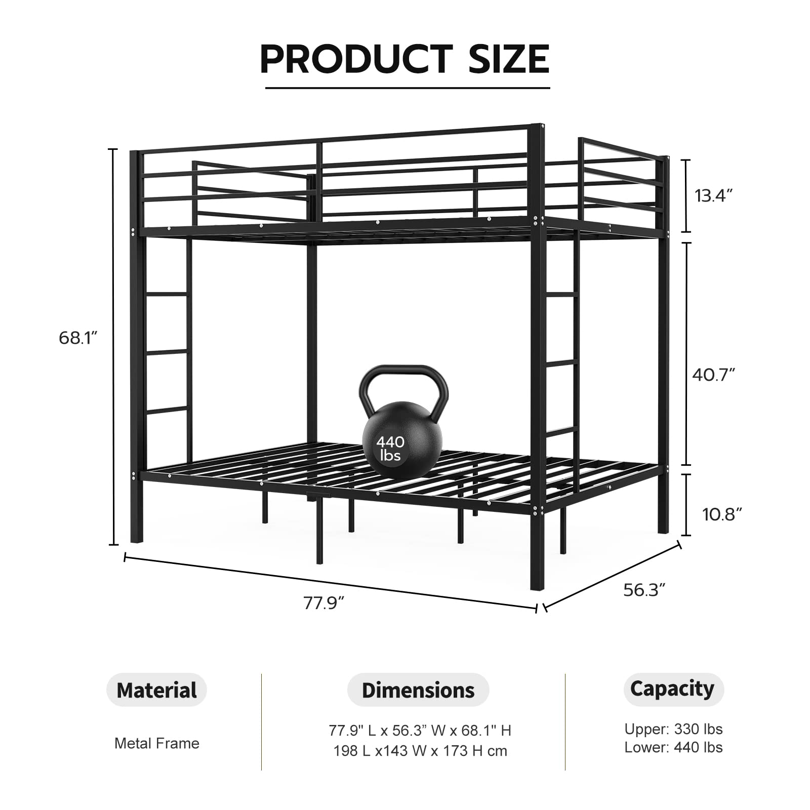IKIFLY Metal Full Over Full Bunk Beds, Heavy Duty Full Size Bunk Bed Frame with 2 Built-in Ladders, Safety Guard Rail, Space-Saving Design, for Kids, Teens, Adults - No Box Spring Needed - White