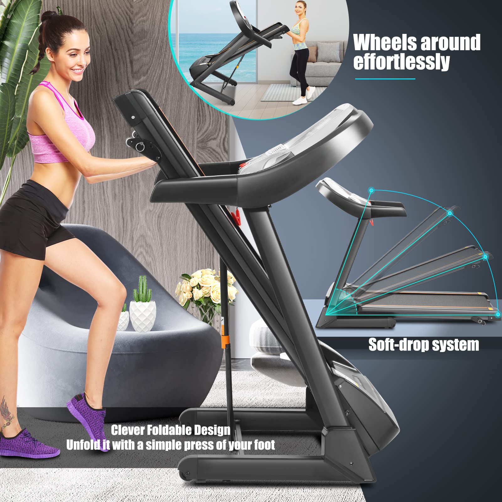 Electric Treadmill with Manual Incline, Treadmill with Long Wide Running Belt, 300 lbs Weight Capacity