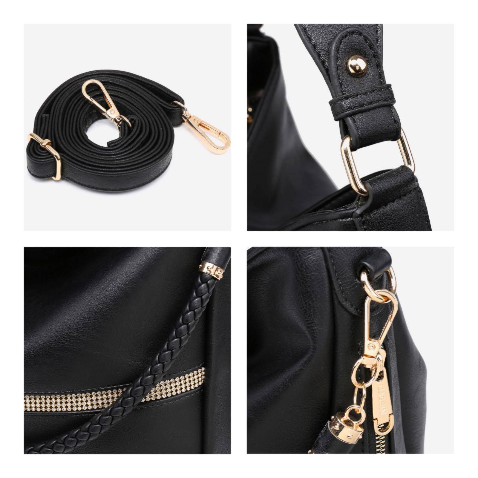 Dasein Hobo Handbags for Women Purses Vegan Leather Shoulder Bags Bucket Purse Large Tote Set with Long Strap (black)