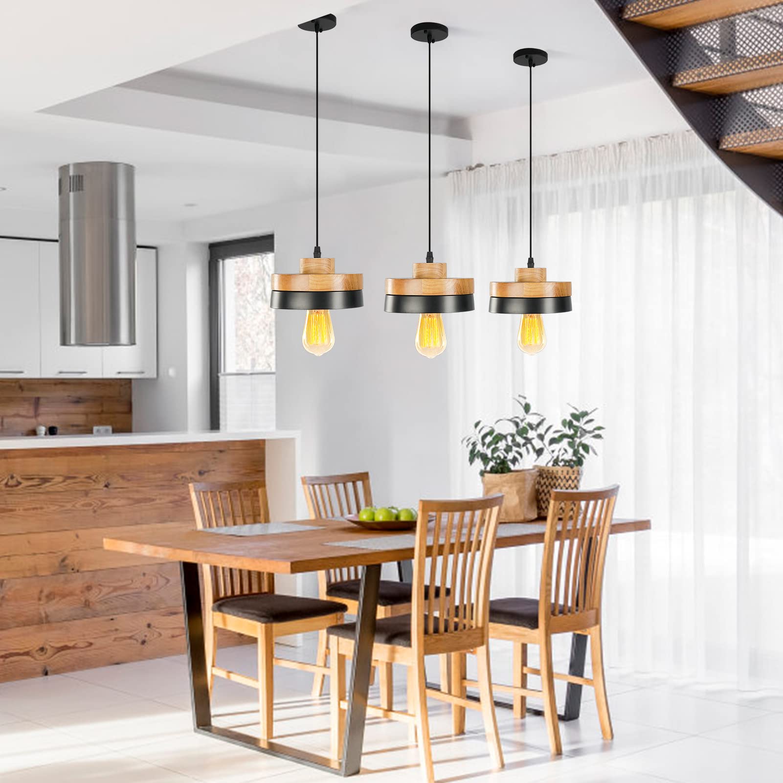 Farmhouse Wood Pendant Light Hanging Light Fixture with Wooden Rustic Ceiling Light Height Adjustable for Ceiling Pendant Lighting for Kitchen Island, Bedroom, Dining Room