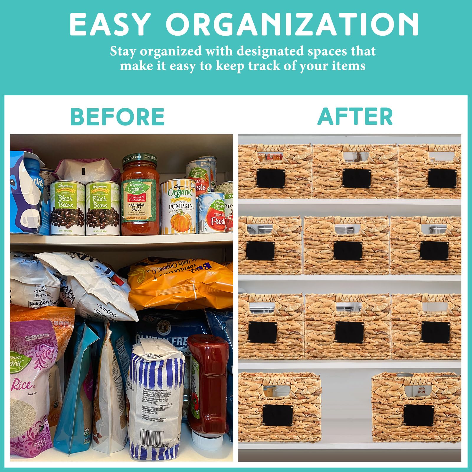 Nitial 4 Pcs Wicker Storage Basket, Rectangular Water Hyacinth Storage Baskets for Shelving, Foldable Woven Pantry Organizer with Chalkboard Label and Chalk Marker(Natural,12 x 12 x 12 Inch)