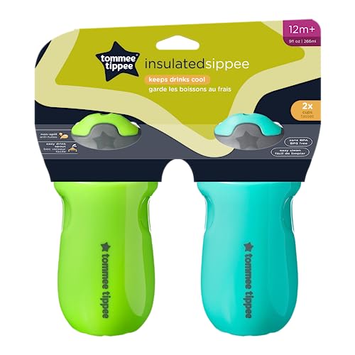 Tommee Tippee Insulated Sippee Cup, Water Bottle for Toddlers, Spill-Proof, BPA Free, 9oz, 12m+, Pack of 2, Green and Teal