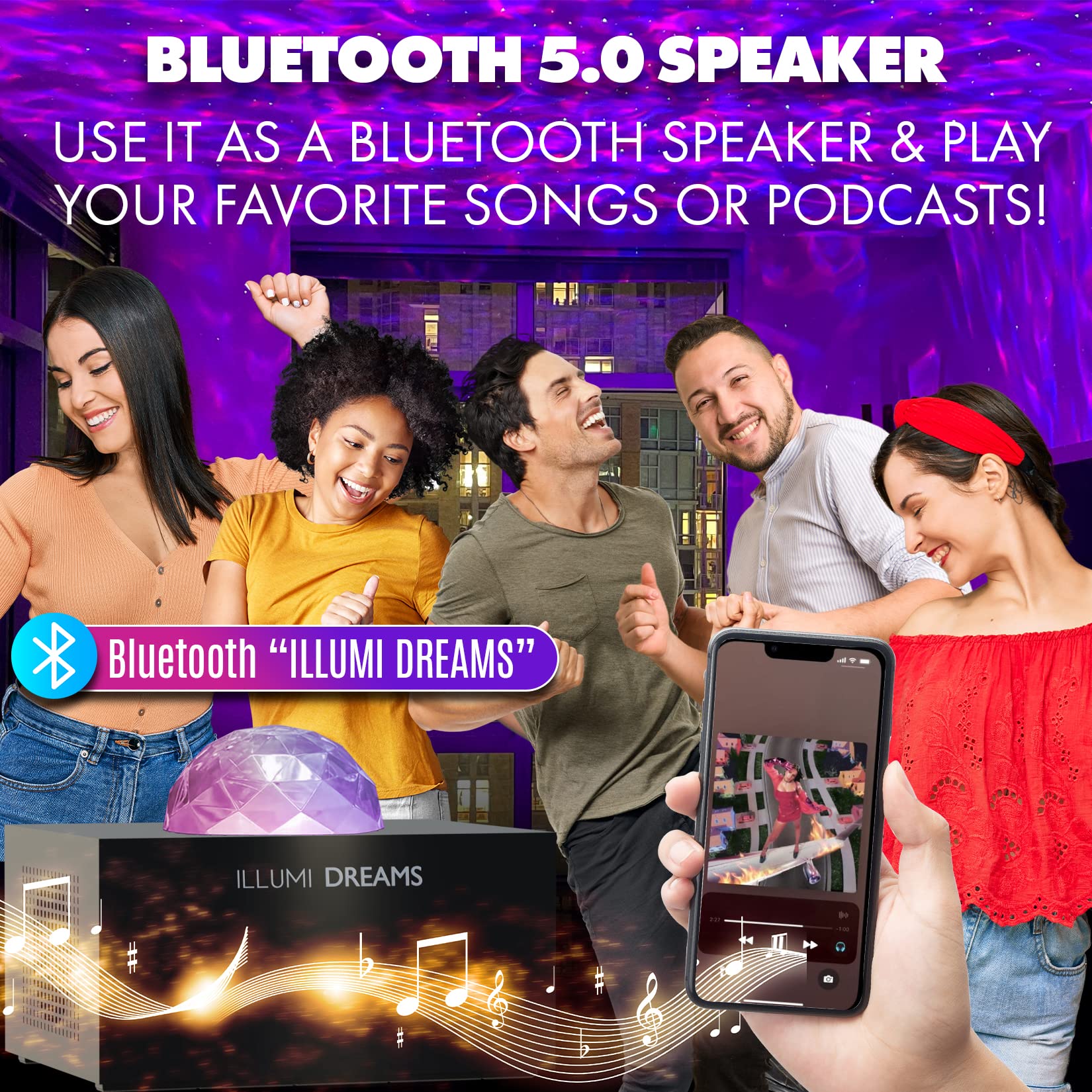 Illumi Dreams Star Projector, Galaxy Projector for Bedroom with Bedtime Stories, Ambient Sounds, & Classic Lullabies, Nursery Night Light for Kids & White Noise Bluetooth Speaker for Adults Children
