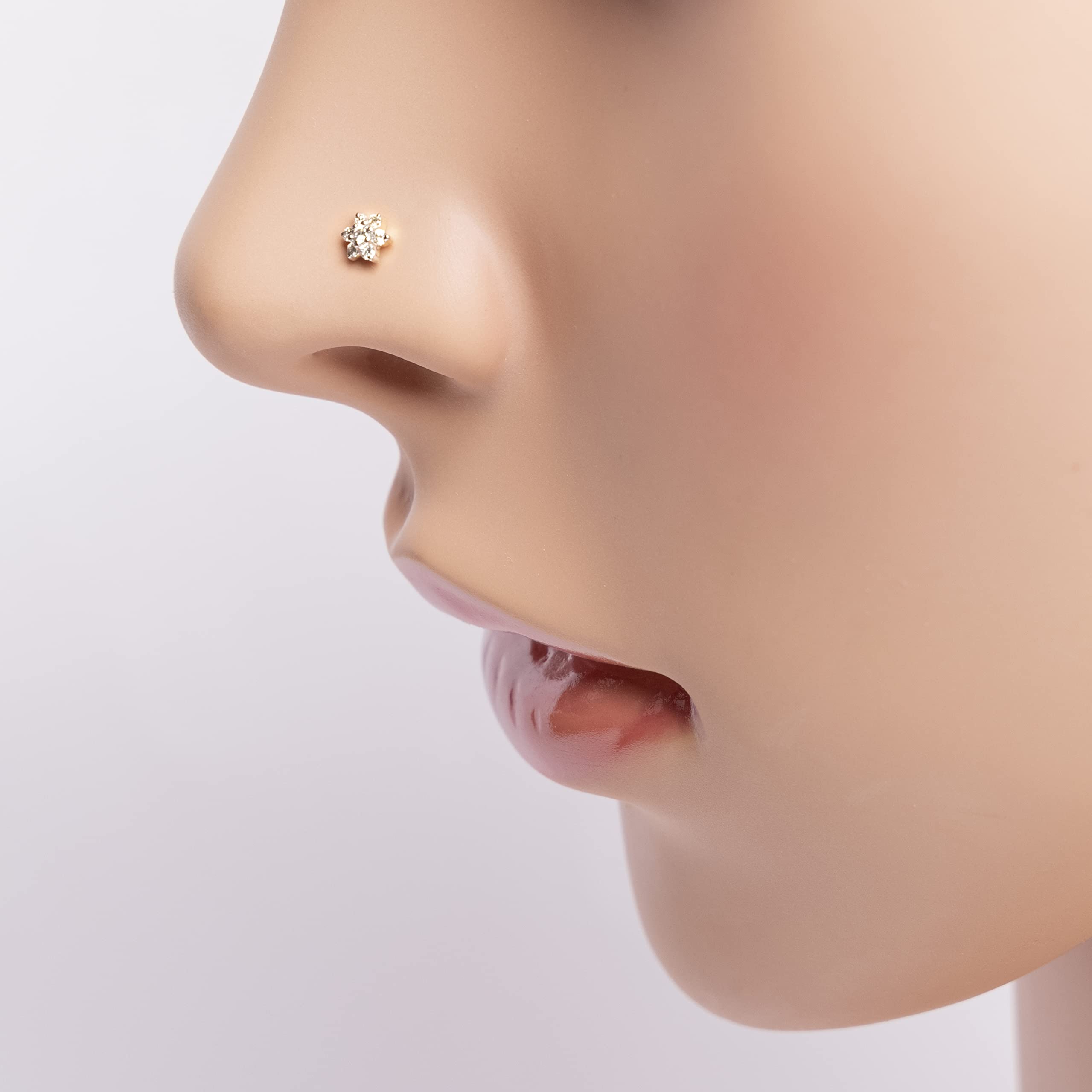 Demira Jewels Natural Diamond 14k Yellow Gold Flower Nose Lip Labret Monroe Ring Stud Screw with 8 mm long and 16 gauge thick post