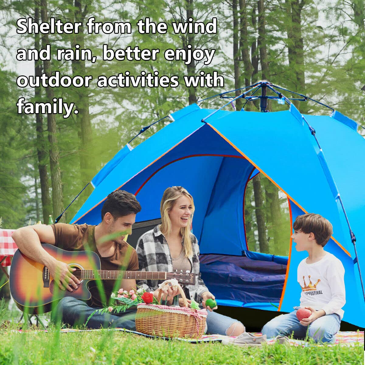 DIMAR GARDEN Pop Up Camping Tent 4 Person Instant Automatic Tent,Outdoor Quick Setup Tent,Blue