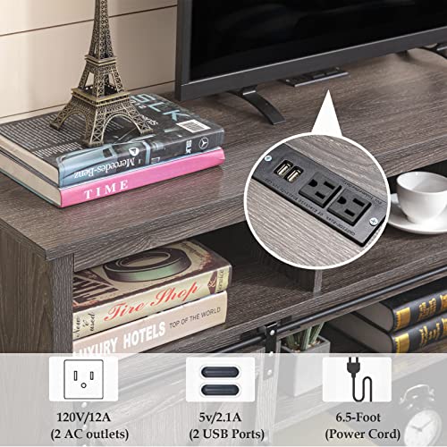Vinctik 6&Fox 57β Wooden Farmhouse TV Stand for 60/65 inch TV,Double Layer Storage Entertainment Center TV Console Table,w Double-Row Sockets and 2 Sliding Barn Door,Media Cable Box(Grey Wash)