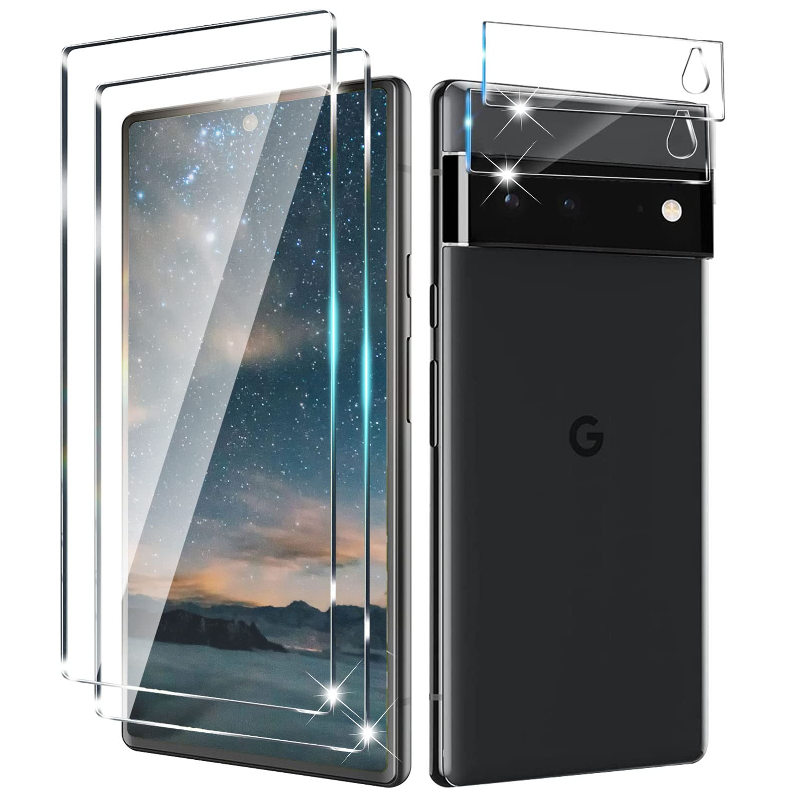Pixel 6 Screen Protector [2+2 Pack] Camera Lens Protector, Fingerprint Unlock Support, HD Tempered Glass, for Google Pixel 6 5G Glass Screen Protector
