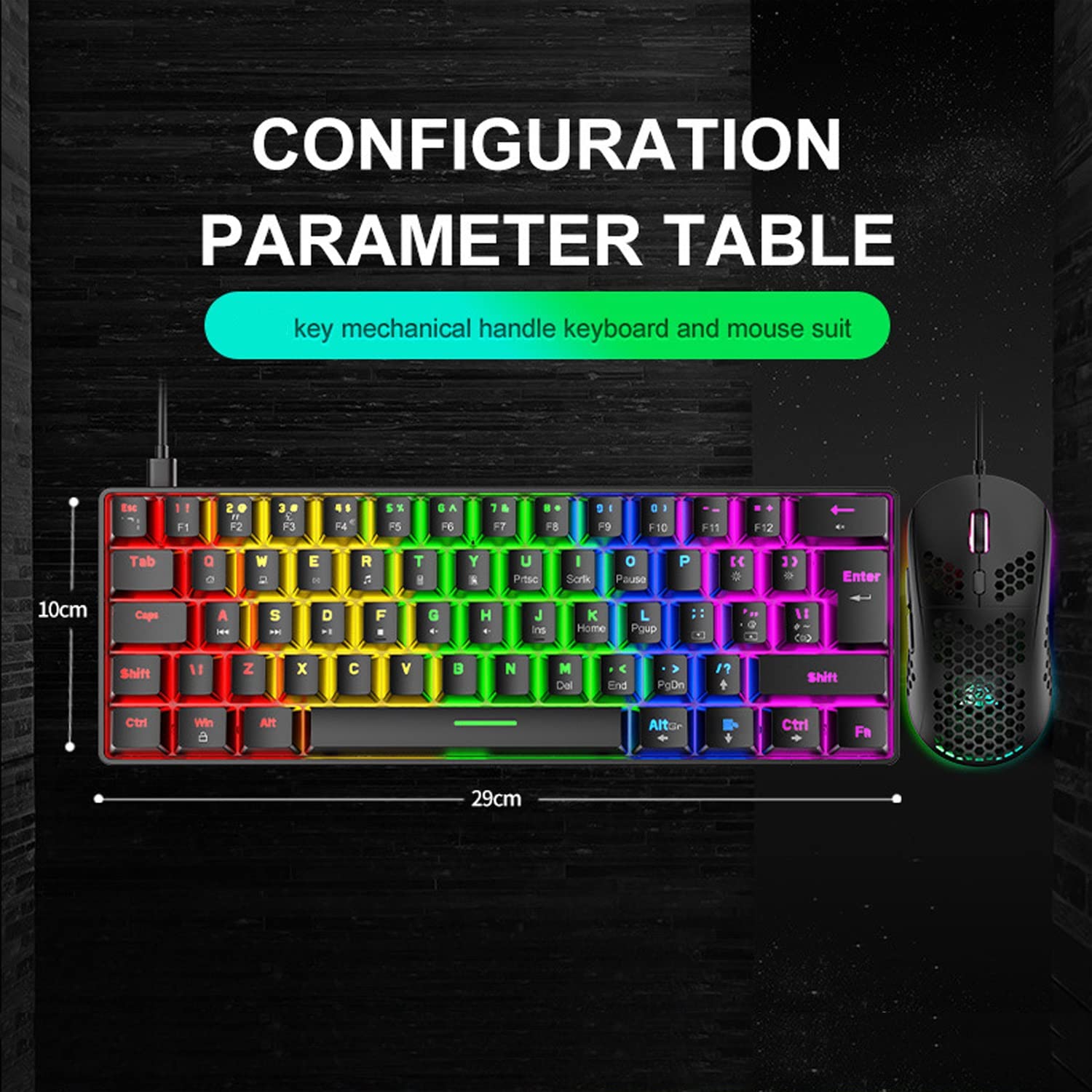 EXHNLE Gaming Keyboard and Mouse Combo Mini Portable with RGB Backlit Ergonomic 62Key Layout Mechanical Feel Honeycomb Mice for Gamer Laptop (Color : Black)