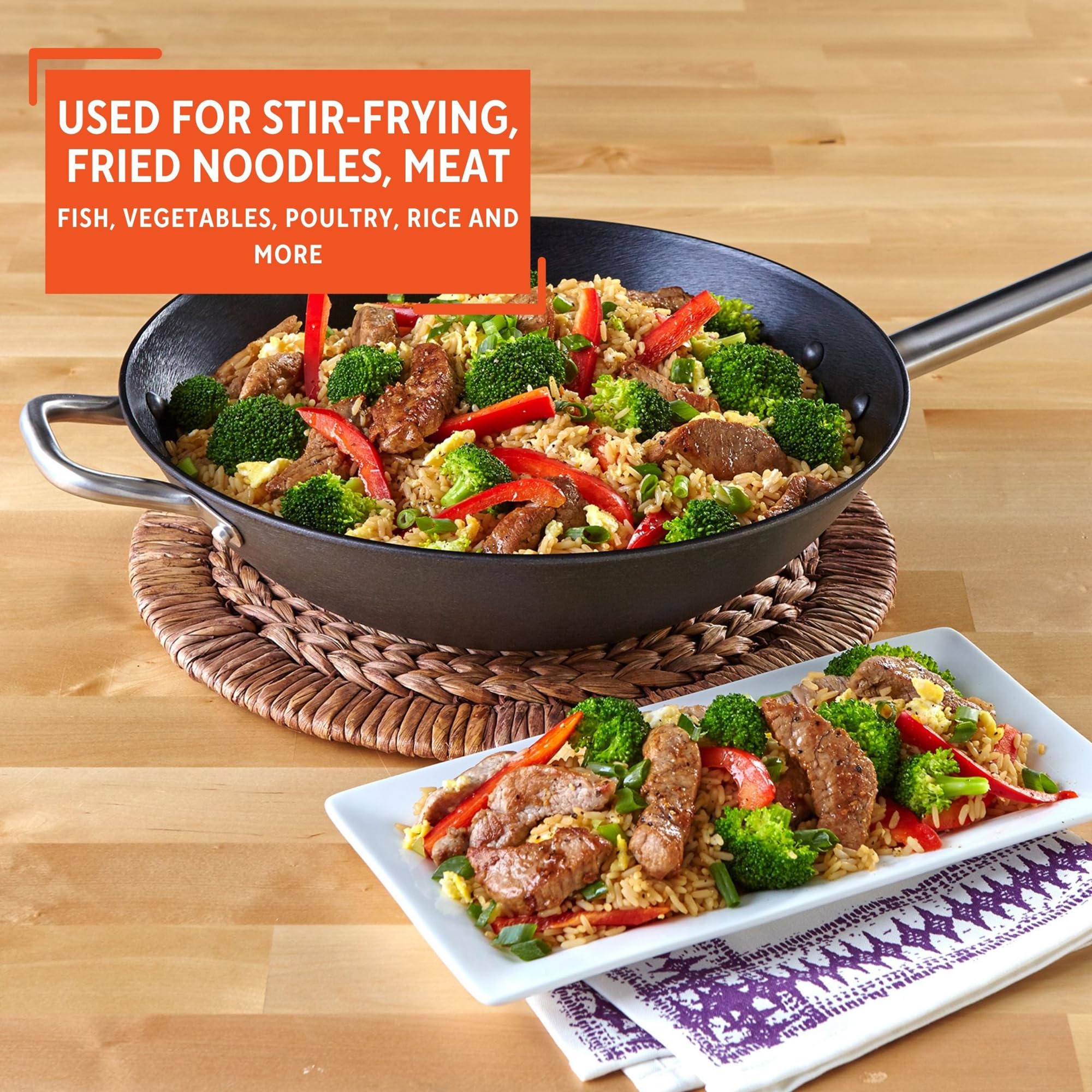 Imusa LCI-19008 Light Cast Iron Wok Pre-Seasoned Non-Stick with Stainless Steel Handles, 14", Black