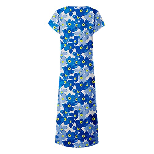 Fall Women Maxi Dress Summer Spring Short Sleeve Split Long Casual V Neck Boho Tank Dresses Beach Sundress Blue