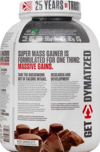 Dymatize Super Mass Gainer Protein Powder, 1280 Calories & 52g Protein, 10.7g BCAAs, Mixes Easily, Tastes Delicious, Rich Chocolate, 6 lbs