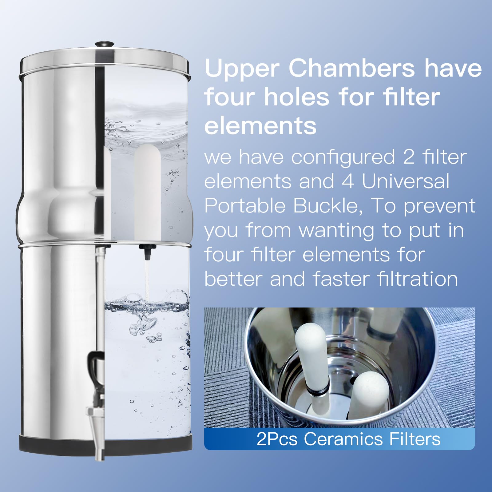 FACHIOO Gravity-fed Water Filter System, 2.25 Gallon Stainless Steel Countertop System with 2 Ceramics Filters Washable Filters, Metal Water Level Spigot and Stand,Reduce up to 99% Chlorine