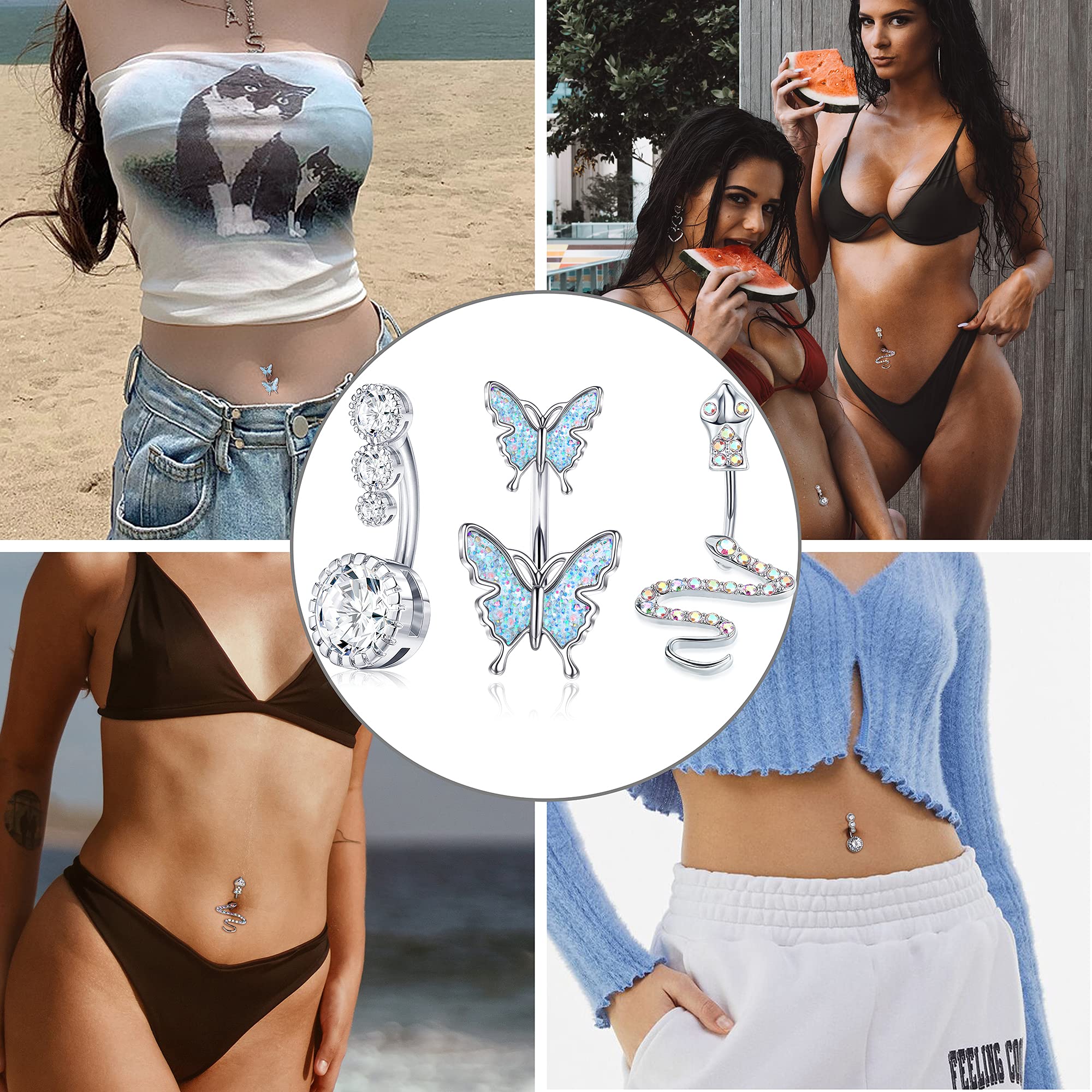 FASACCO 3Pcs Belly Button Ring 14G Surgical Steel Belly Rings for Women CZ Snake Butterfly Belly Button Rings (white tone)