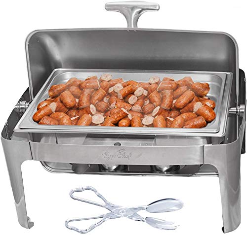 Tiger Chef Chafing Dish Buffet Set - Stainless Steel Chafer - Roll-Top Chaffing Dishes 8 Quart and Plastic Salad Tong - Chafer and Buffet Warmer Set
