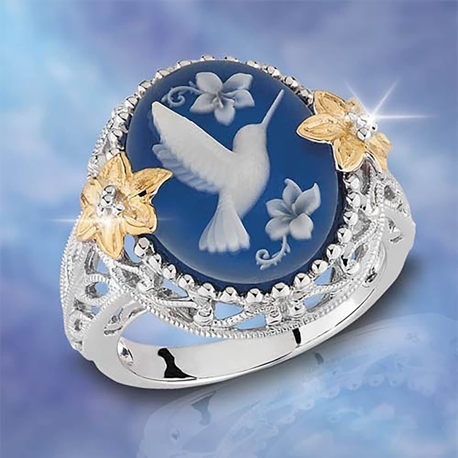 Flower Hummingbird Ring for Women CZ Simulated Diamond Ring Engagement Wedding Band Vintage Rings (A, 9)