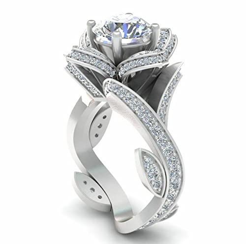 Flower Lotus White Diamond Engagement Wedding Bridal Ring Set 14K White Gold Over