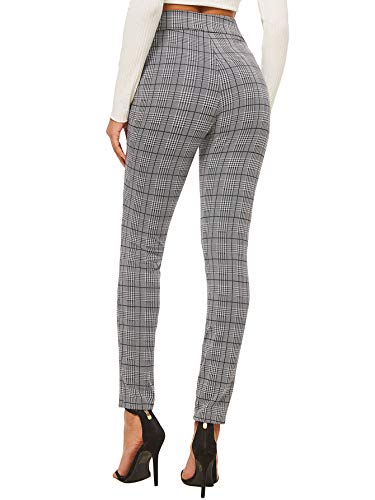 SweatyRocks Women's Casual Skinny Leggings Stretchy High Waisted Work Pants Black White Plaid Medium