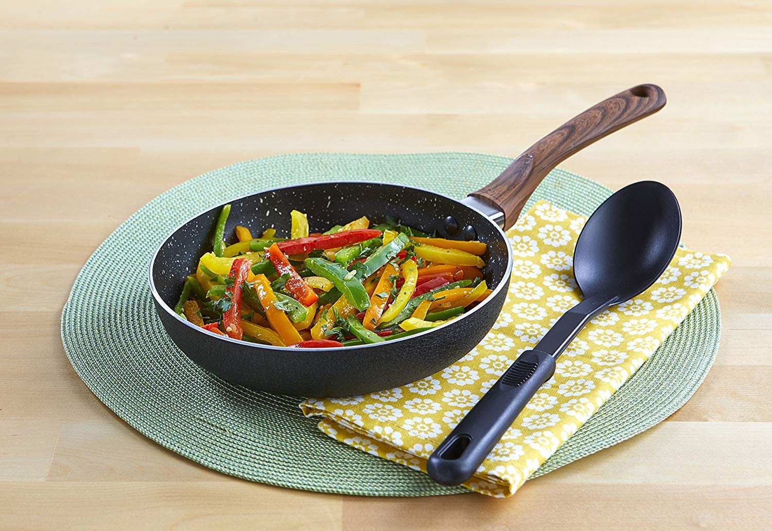 IMUSA USA 9.5" Black Stone Nonstick Fry Pan with Woodlook Handle and Speckled Nonstick Interior