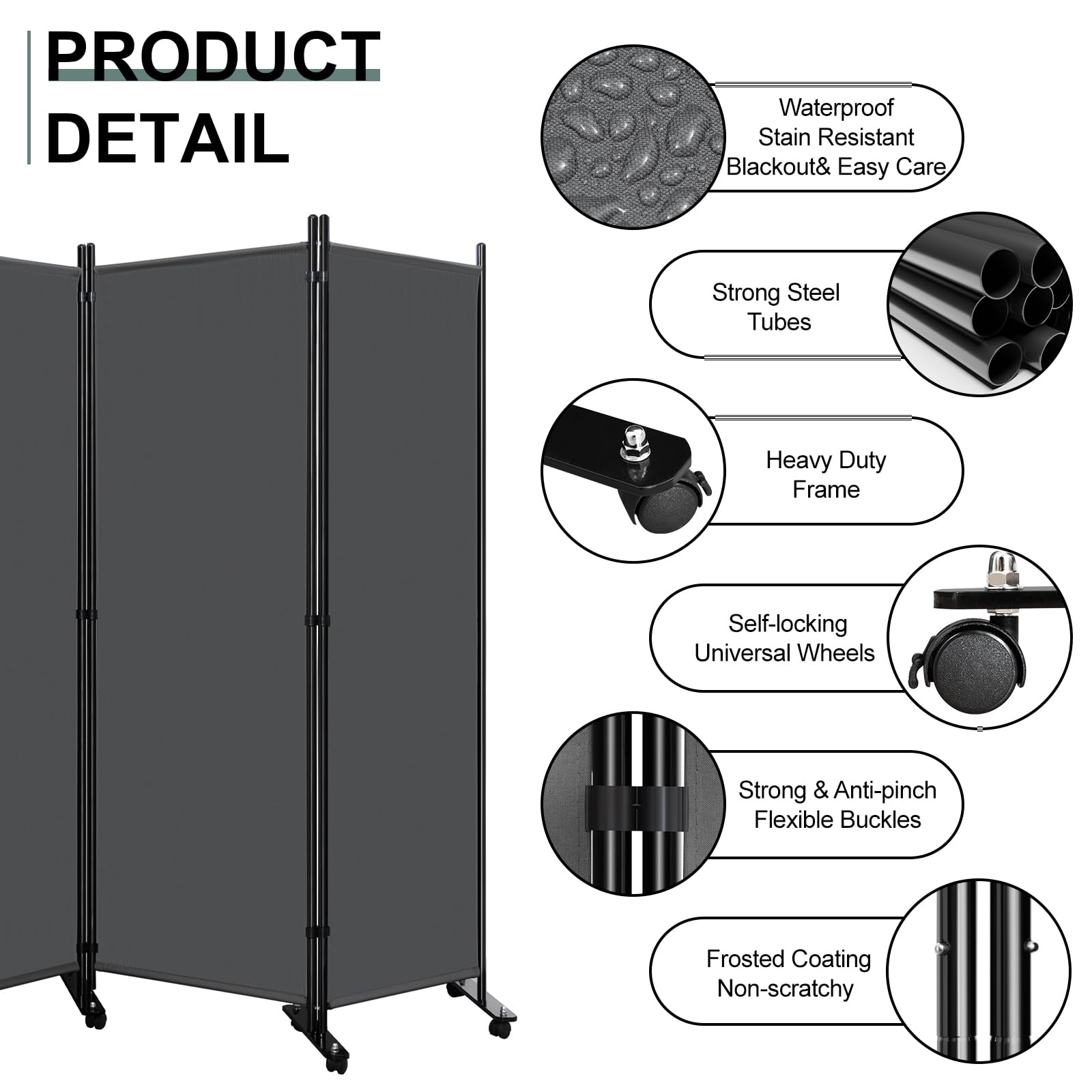 HALLYBEE Room Divider 5.6FT Portable Room Dividers and Folding Privacy Screens, 4 Panel Room Divider on Wheels, Wall Divider for Room Separation, Partition Room Dividers, Grey Fabric Privacy Screen