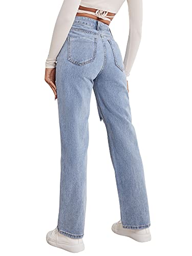 SweatyRocks Women's High Waist Straight Leg Jeans Ripped Distressed Denim Pants Light Blue S